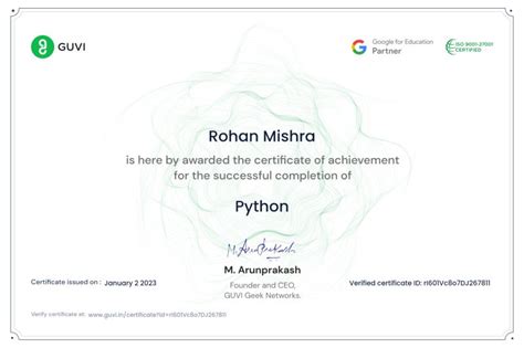 Successfully Completed Guvi Python Certificate Thanks Guvi Geek Networks Iitm Research Park