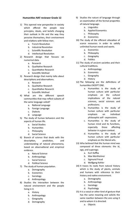 Humanities NAT Reviewer Grade 12 A French Revolution B Industrial