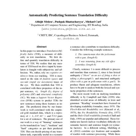 Automatically Predicting Sentence Translation Difficulty Acl Anthology