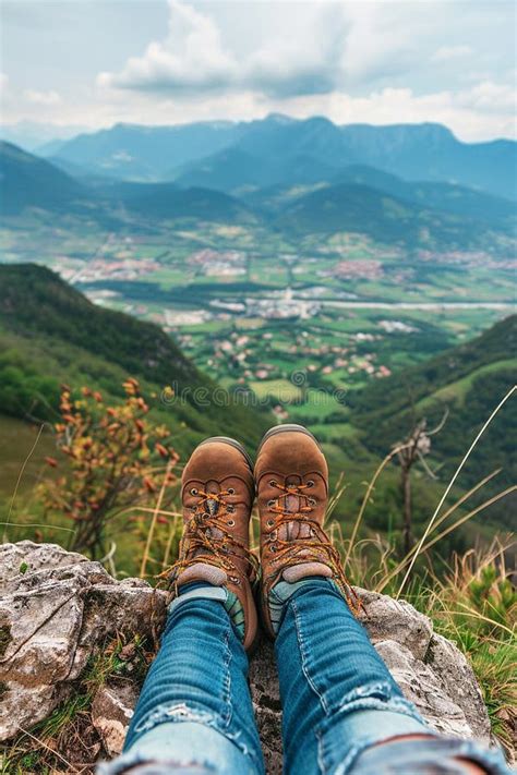 Hiking Adventure Panorama Close Up Of Feet With Hiking Shoes From A