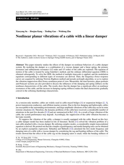 Nonlinear Planar Vibrations Of A Cable With A Linear Damper Request Pdf