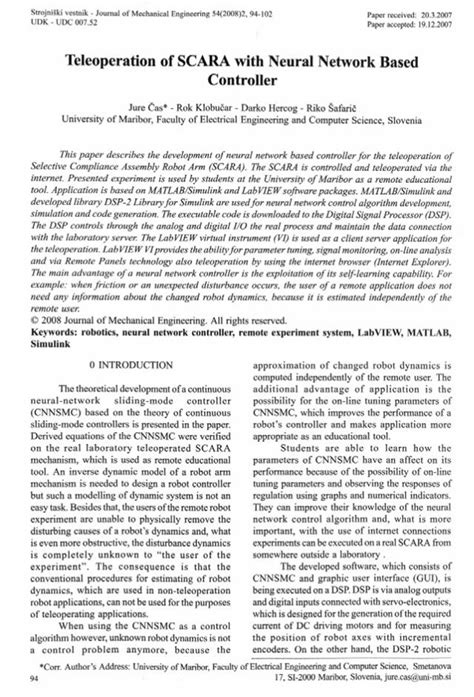 pdf teleoperation of scara with neural network based controller