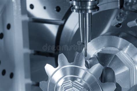 Close Up Scene The 5 Axis Cnc Milling Machine Cutting The Metal Gear