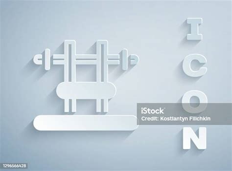 회색 배경에 분리 된 바벨 아이콘으로 용지 컷 벤치 체육관 장비 보디 빌딩 파워 리프팅 피트 니스 개념 종이 아트 스타일 벡터 3차원 형태에 대한 스톡 벡터 아트 및 기타