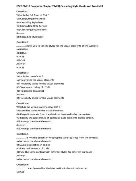 Gseb Std 12 Computer Chapter 2 Mcq Cascading Style Sheets And Javascript Pdf Dynamic Web
