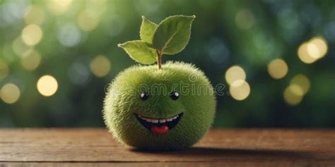 A Green Fuzzy Fruit With A Leaf On Top The Fruit Is Smiling And Has A