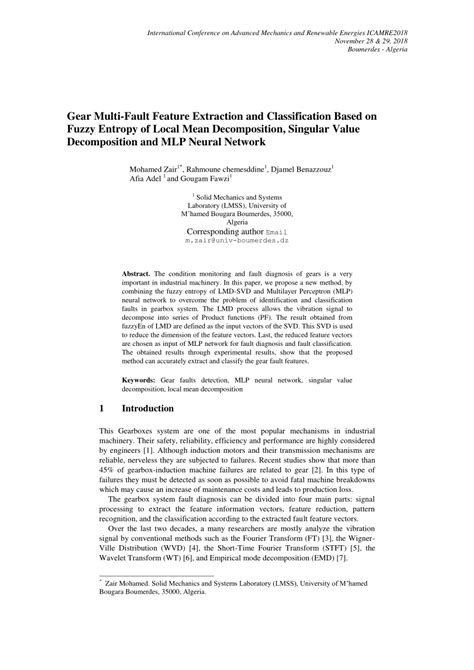 Pdf Gear Multi Fault Feature Extraction And Classification Based On Fuzzy Entropy Of Local