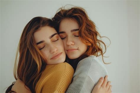 Premium Photo Beautiful Models Posing Hugging Each Other On White Background