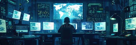A Hacker Works Intently At A Desk Cluttered With Computer Screens Analyzing Data In A Dimly Lit