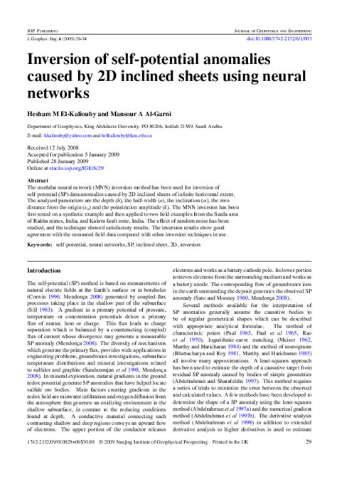 Pdf Inversion Of Self Potential Anomalies Caused By 2d Inclined Sheets Using Neural Networks