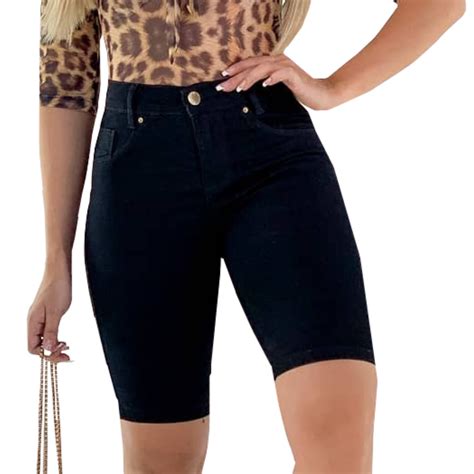 Bermudas Shorts Jeans Feminina Ciclista Até O Joelho Cintura Alta