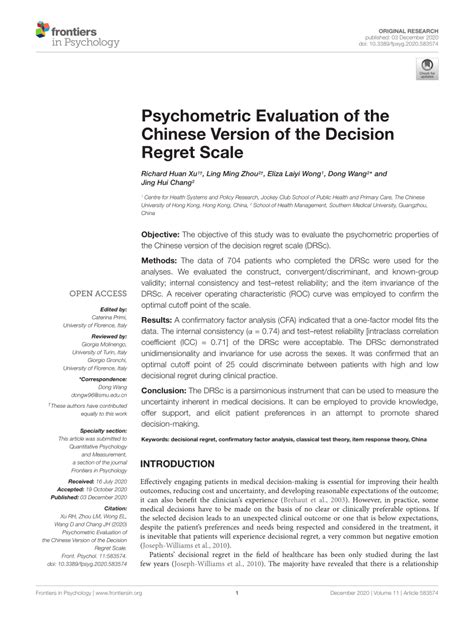 Pdf Psychometric Evaluation Of The Chinese Version Of The Decision