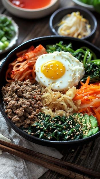 Premium Photo Korean Food Bibimbap With Egg Vegetables And Beef