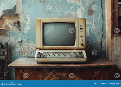 Vintage Computer With Crt Monitor Sitting On A Wooden Desk Stock