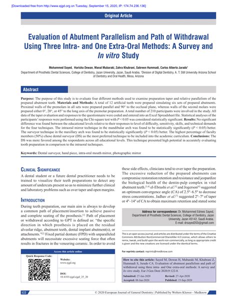 Pdf Evaluation Of Abutment Parallelism And Path Of Withdrawal Using Three Intra‑and One Extra