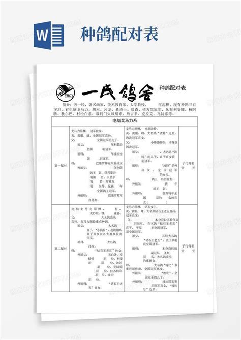 种鸽配对表Word模板下载 编号qnxwzywx 熊猫办公