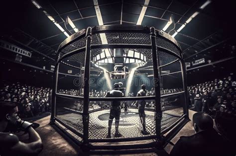 cage fight arena with fighters warming up and practicing their moves