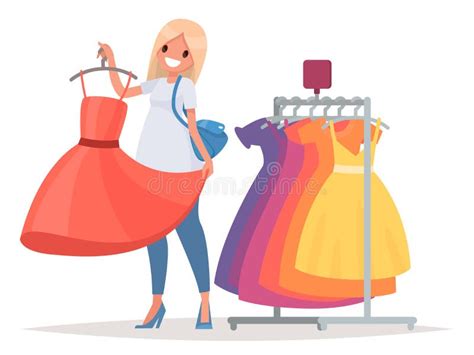 Women`s Shopping The Girl Is Trying On A New Dress In The Store Stock Illustration