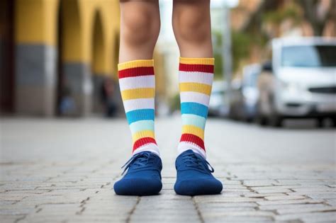 Premium Photo Legs With Different Pair Of Socks And White Sneakers