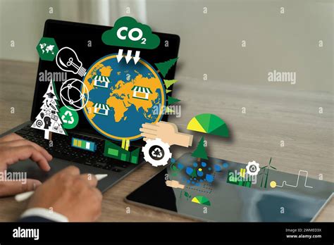 Reduce Co2 Emissions And Carbon Businessman Working Virtual Modern Computer To Reduce Co2 Stock