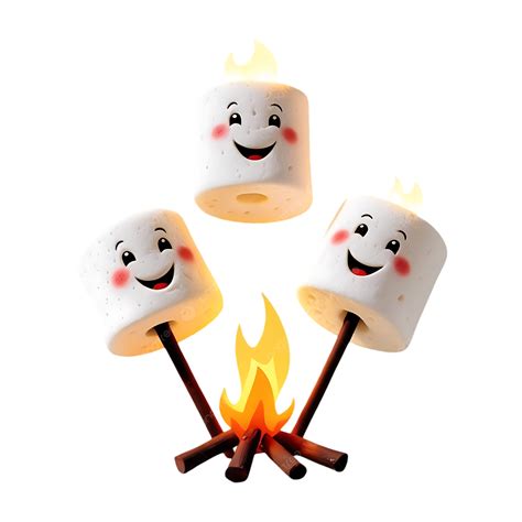 Smiling Marshmallows Roasting Over Campfire With Glowing Flames