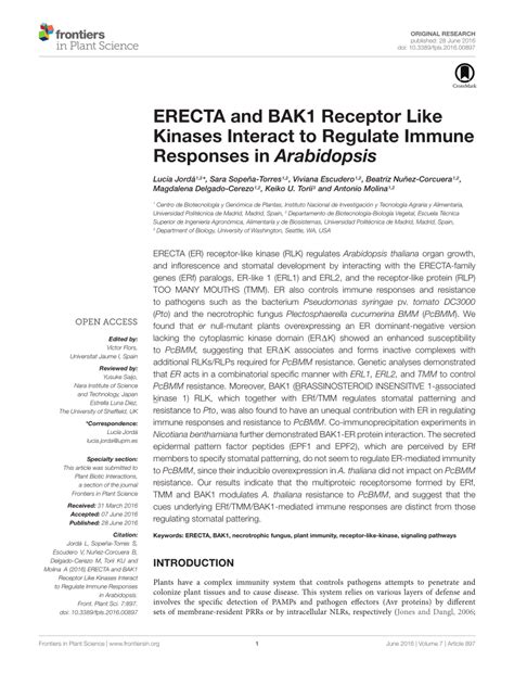 Pdf Erecta And Bak1 Receptor Like Kinases Interact To Regulate Immune