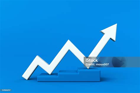계단에서 위쪽 그래프 화살표 파란색 배경에 계단이 있는 흰색 화살표가 커지고 있습니다 간단한 흰색 그래프 성장과 증가의 개념 3차원 표시기 화살표 3d 렌더링 3차원 형태에