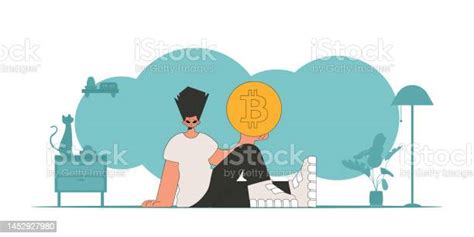 그 남자는 비트 코인을 들고 있습니다 디지털 화폐 자산과의 상호 작용 개념 경영자에 대한 스톡 벡터 아트 및 기타 이미지