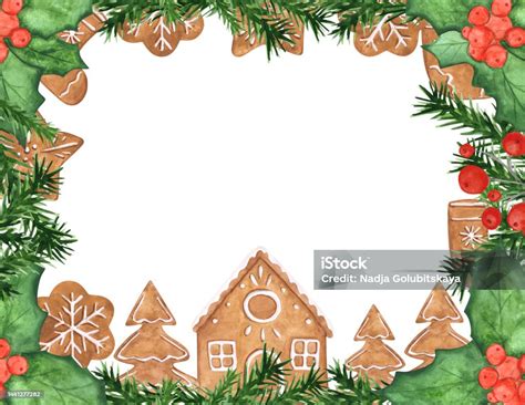 크리스마스 프레임입니다 중앙에 빈 공간이 있는 수채화 꽃 휴일 템플릿입니다 소나무 가지 Ilex 열매 진저 브레드 쿠키 그림