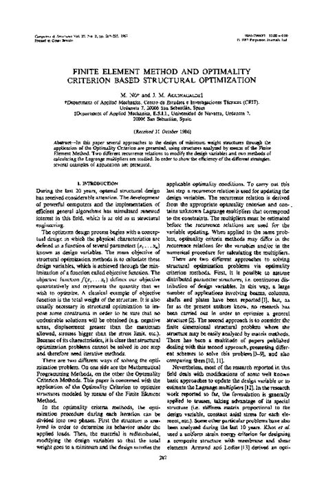 Pdf Finite Element Method And Optimality Criterion Based Structural Optimization