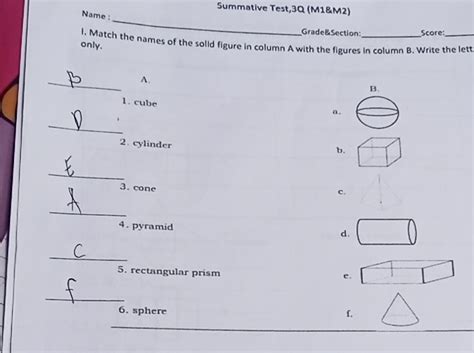 Solved Summative Test Q M M Name Grade Section Score Match The Names Of The Solld