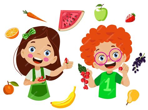 Lindos Filhos Comendo Frutas Variadas Vetor Premium