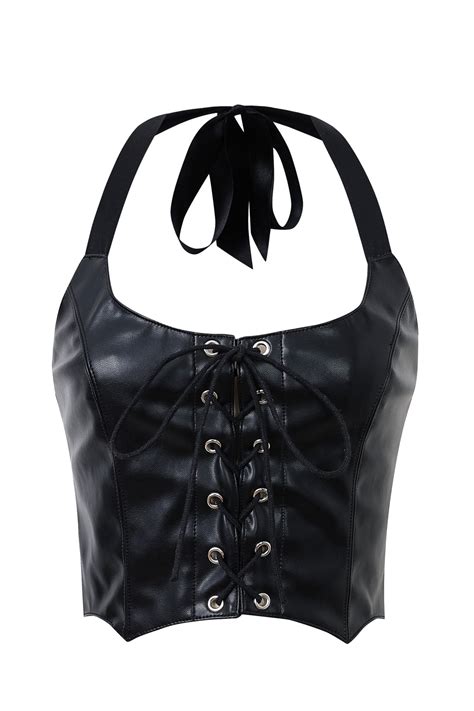 Lace Up Halter Top Plant Leather Black Fashion Brand Company