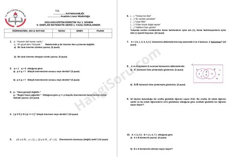 9 Sınıf Matematik 1 Dönem 1 Yazılı Soruları Klasik 2022 HangiSoru