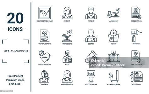 Health Checkup 선형 아이콘 세트입니다 얇은 선 심전도 의료 보고서 혈압 검진 혈액 검사 의사 건강 체크 보고서