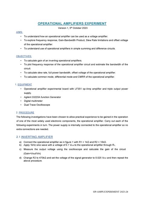 Opamp V Lab Practical OP AMPS EXPERIMENT OPERATIONAL AMPLIFIERS EXPERIMENT