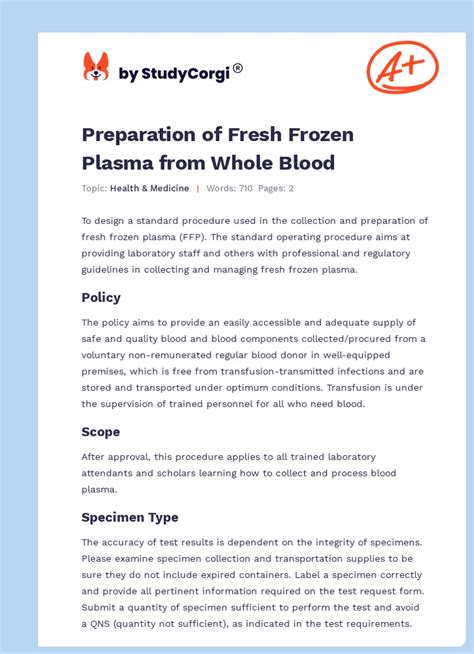 Preparation Of Fresh Frozen Plasma From Whole Blood Free Essay Example