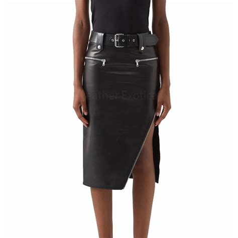 Solid Black Zipper Detailed Women Midi Leather Skirt