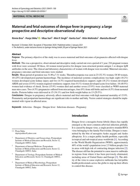 Maternal And Fetal Outcomes Of Dengue Fever In Pregnancy A Large