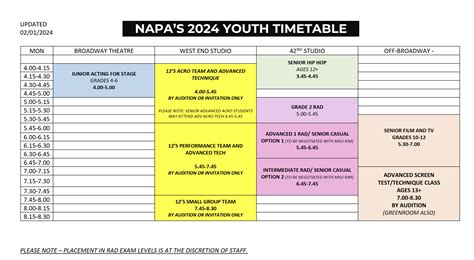 Timetable — National Academy Of Performing Arts Napa