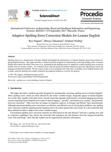 Pdf Adaptive Spelling Error Correction Models For Learner English
