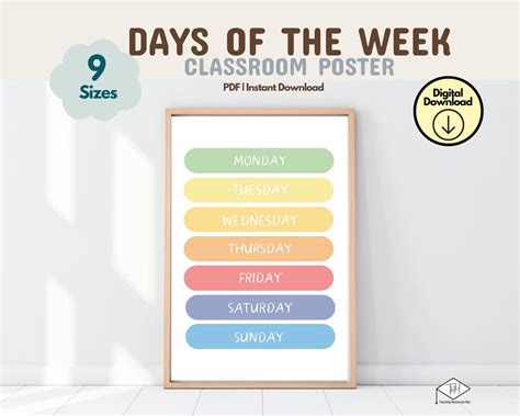 Days Of The Week Poster Printable Educational Playroom Posters Boho Montessori Classroom Decor