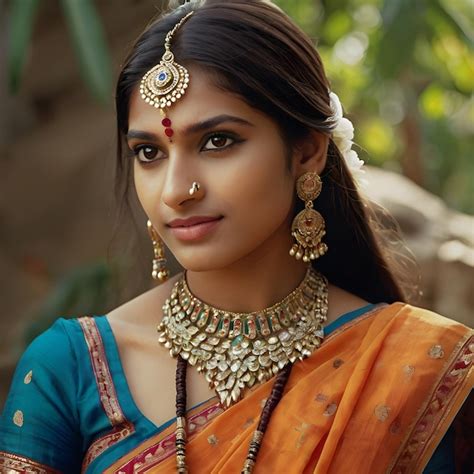 A Woman In An Indian Sari With A Bangle On Her Head Premium Ai