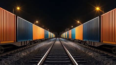 Symmetrical View Of Two Parallel Freight Trains At Night With
