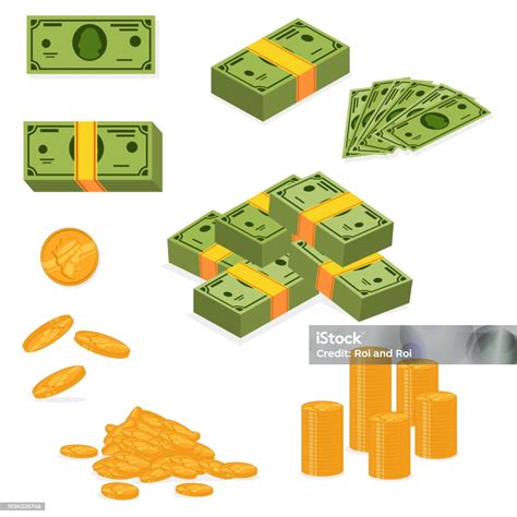 成堆的錢和一堆現金美元鈔票和金幣圖示設置向量卡通平板插圖的紙張和金屬貨幣孤立的白色背景向量圖形及更多一組物體圖片 一組物體 付錢 剪裁