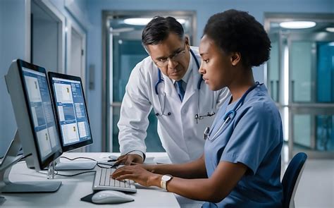 Hospital Colleagues Checking Medical Records Database Premium AI