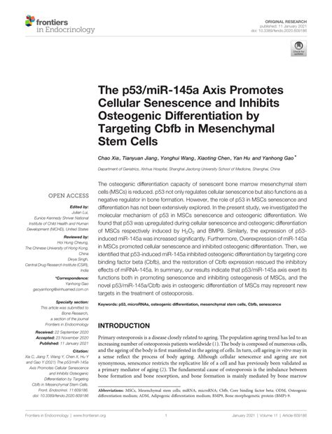 PDF The P53 MiR 145a Axis Promotes Cellular Senescence And Inhibits