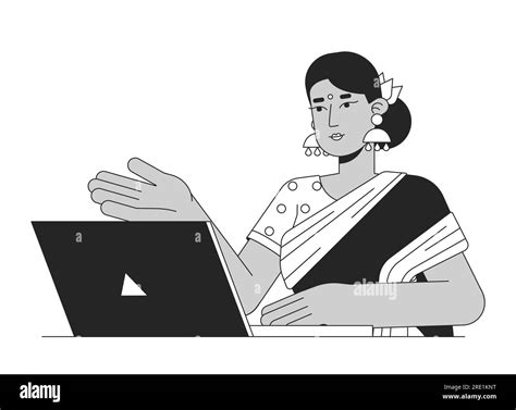 Indian Woman Professional With Laptop Flat Line Black White Vector