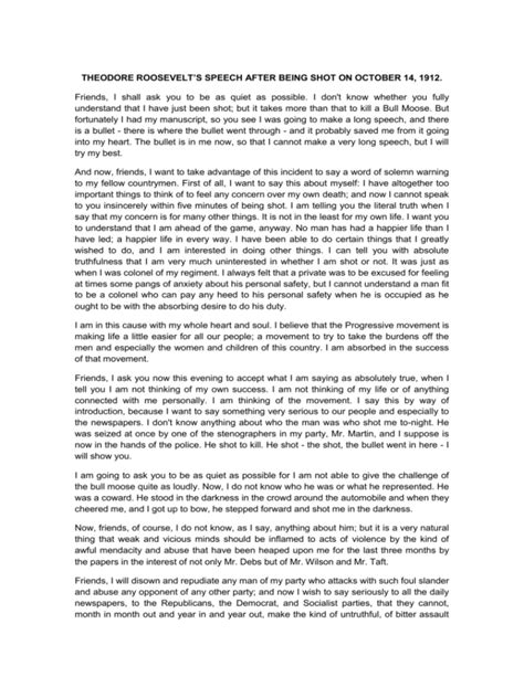 Theodore Roosevelt`s Speech After Being Shot On