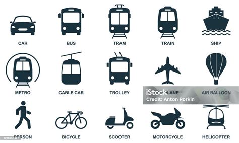 교통 실루엣 아이콘 세트 대중 교통 역 문자 기호 철도 오토바이 차량 항공 운송 픽토그램 여행 교통 디자인 격리된 벡터 일러스트 레이 션 케이블 카에 대한 스톡 벡터 아트